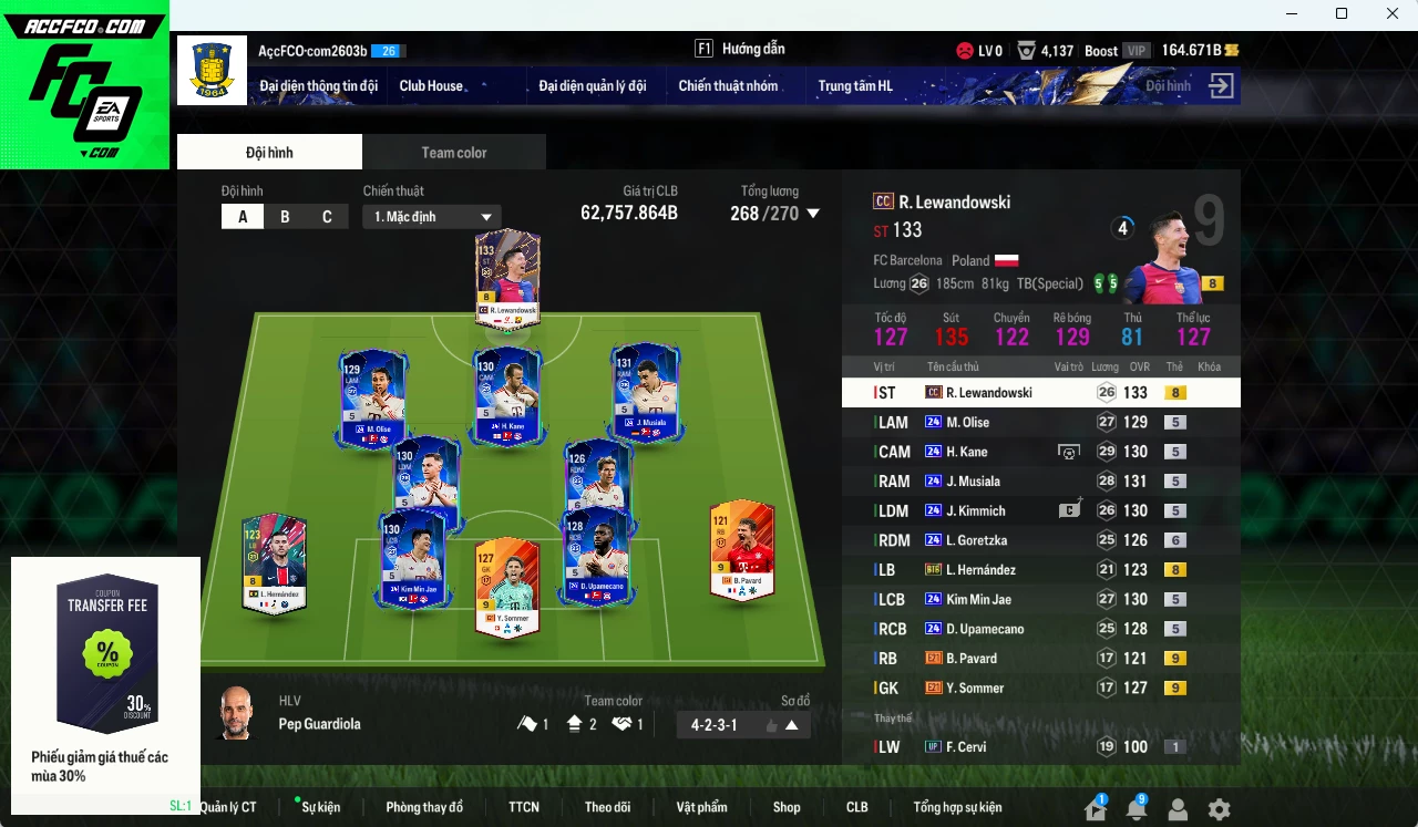 Acc #82668: Bayern Munich 62.750b có Lewandowski CC, Kane 24UCL, Musiala 24UCL, Kimmich 24UCL ...